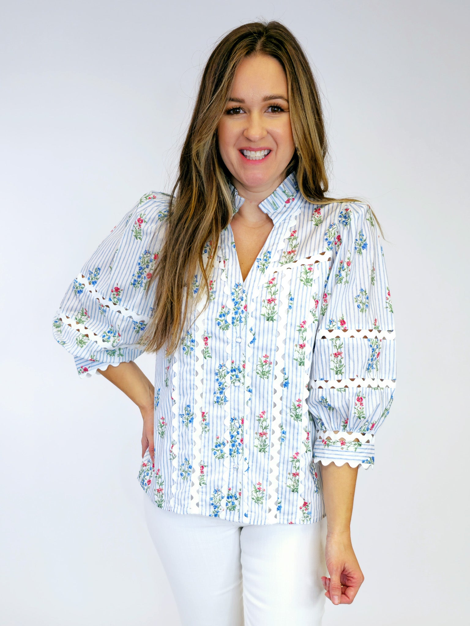 FLORAL STRIPES & RIC RAC 3/4 SLEEVE TOP - BLUE – Brianne's Boutique