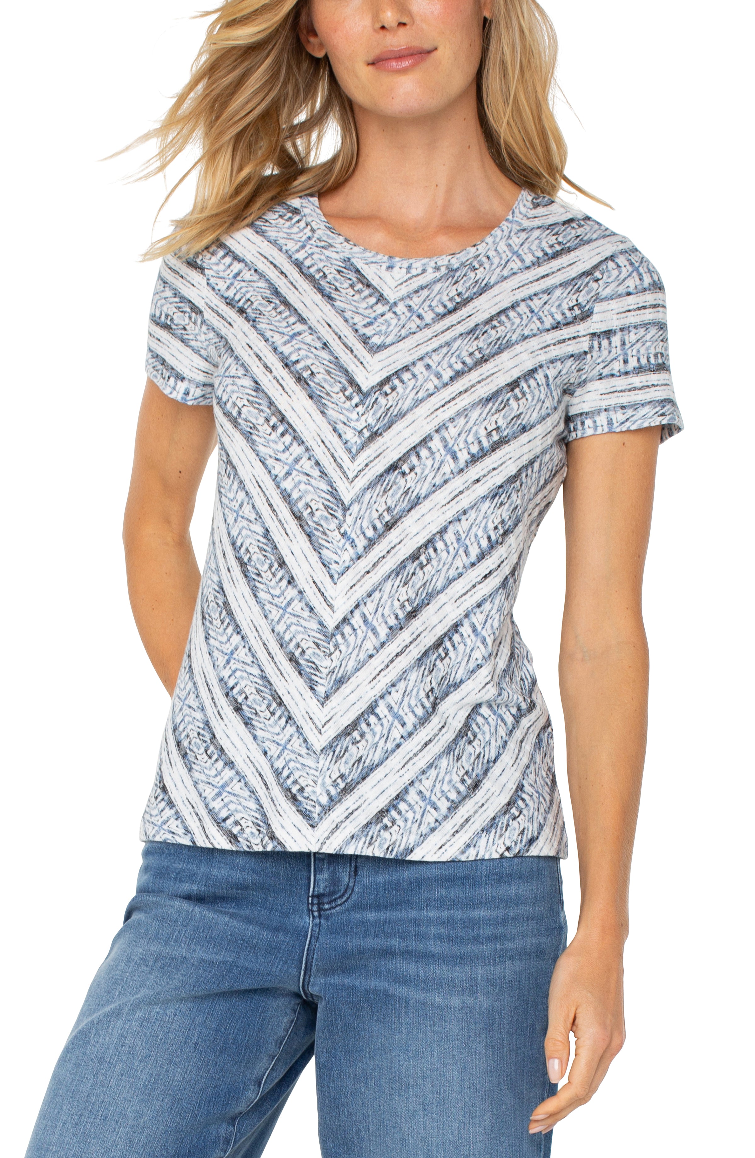 SHORT SLEEVE SCOOP NECK KNIT TOP W/MITER FRONT - INDIGO – Brianne's ...