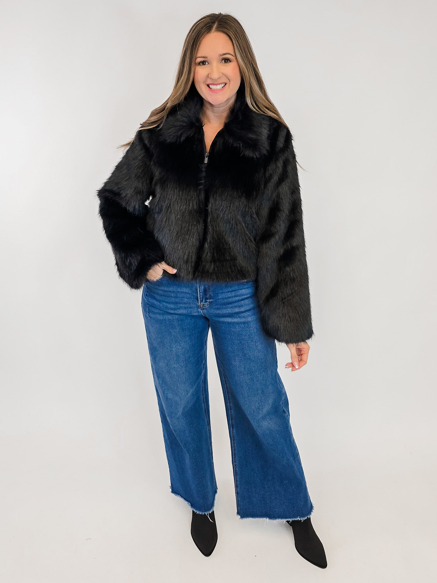 ZIP UP FUR JACKET - BLACK – Brianne's Boutique